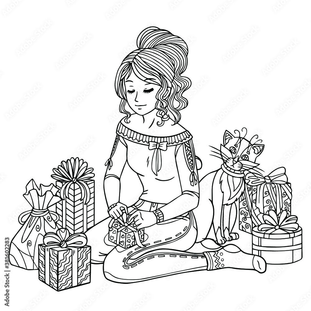 Girl unpacking gifts coloring page. Vector christmas outline ...