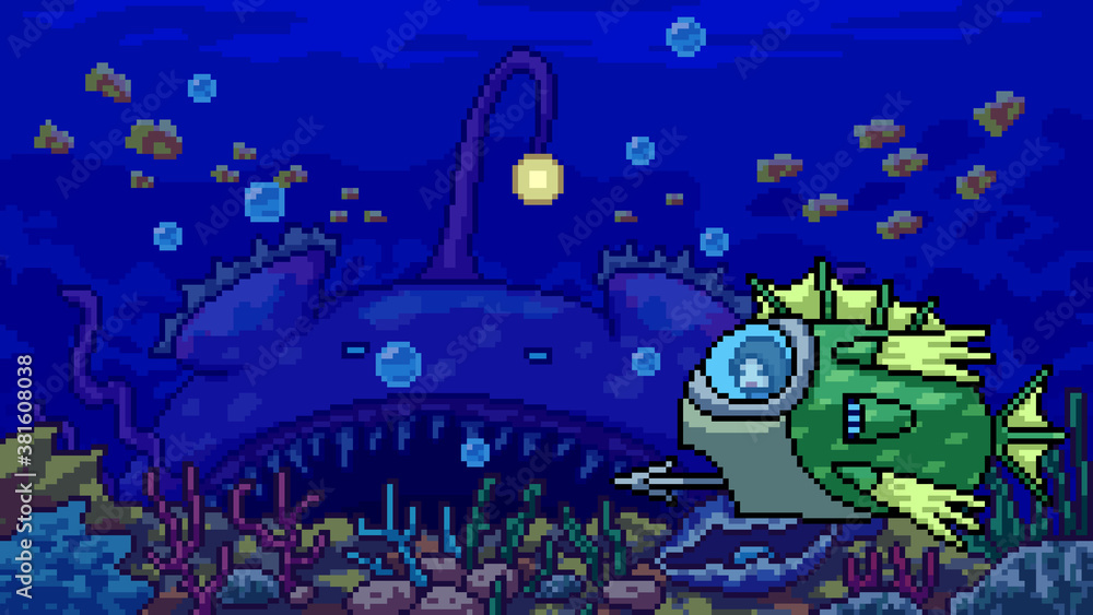pixel art scene underwater adventure Stock Vector | Adobe Stock