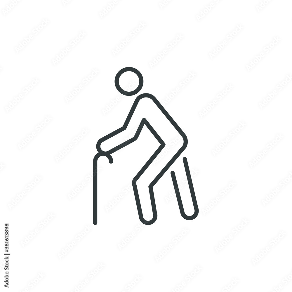 old man icon, elder person with cane, senior generation, thin line web ...