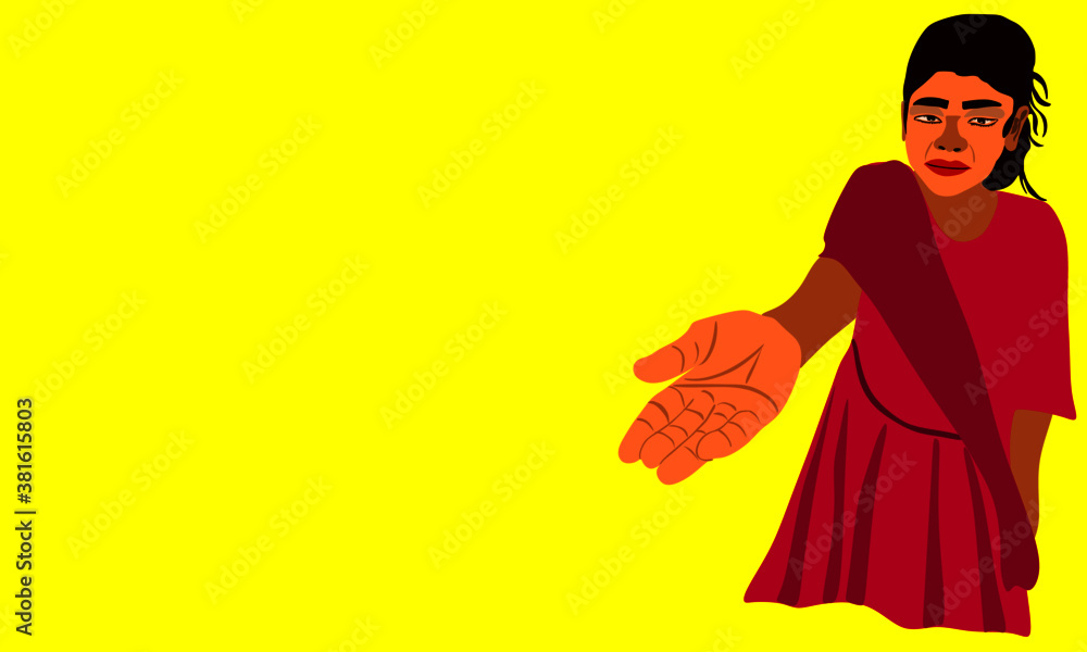 An indian village girl cartoon begging money on hand at pink background ...