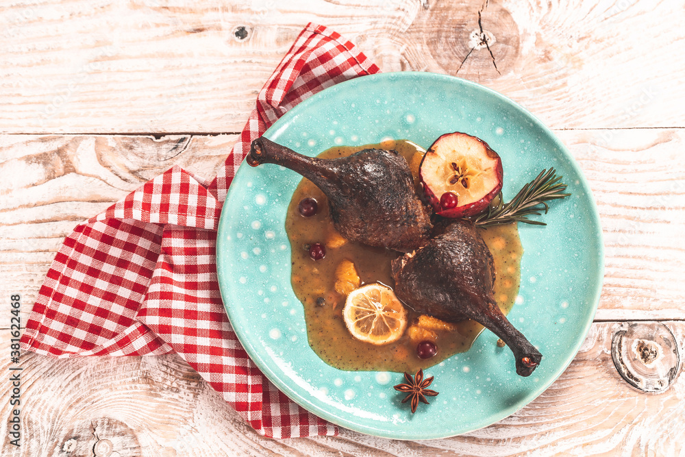 Crusty goose with leg citrus fruit and prune sauce. Cooking at ...