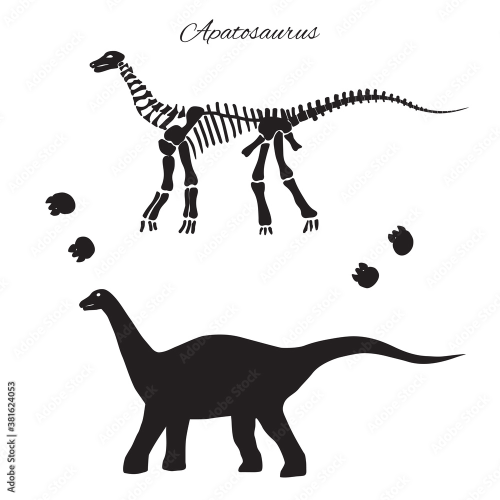 Apatosaurus silhouette, footprints and skeleton Stock Vector | Adobe Stock