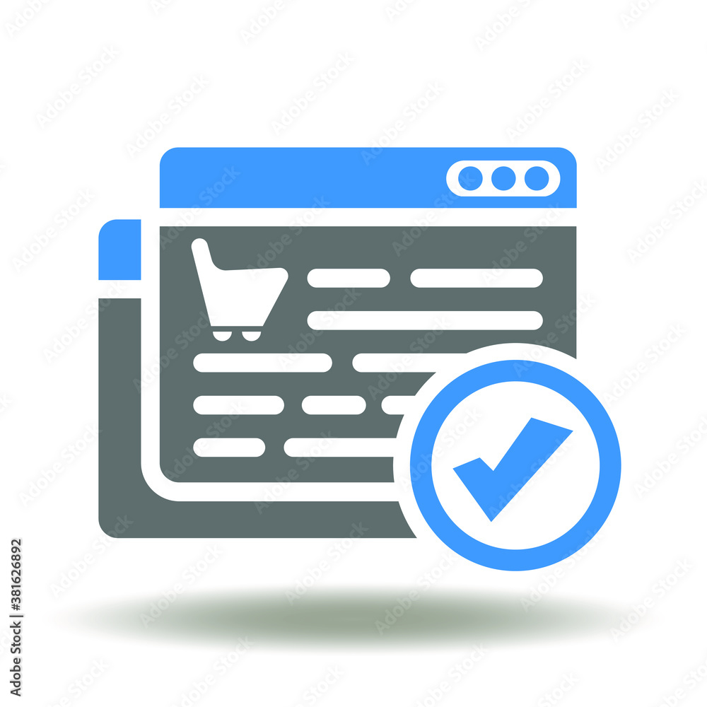 Website page shopping basket check mark icon vector. Purchase order web ...