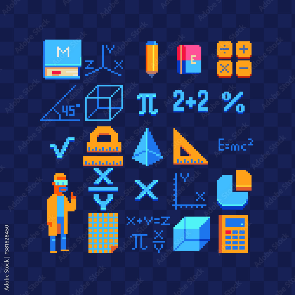 Math set pixel art icons. Mathematical formula. School stationery ...