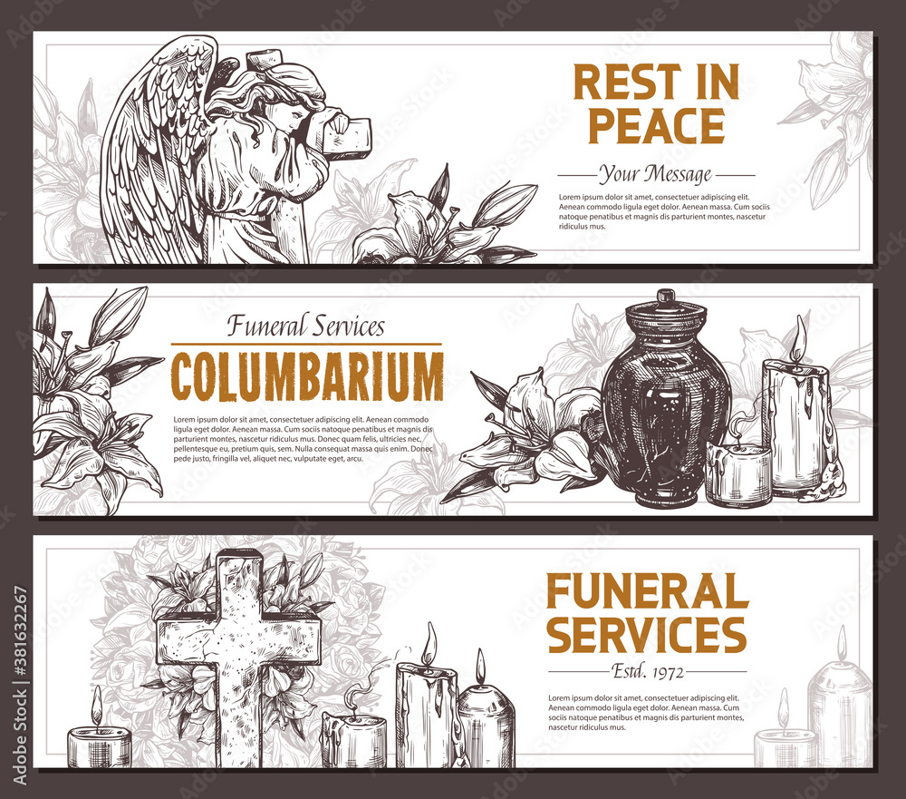 Funeral service vector hand drawn design of horizontal banners. Sketch ...