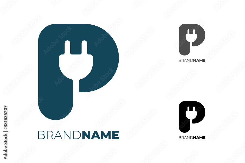 Initial letter P with electrical plug for technology business identity ...