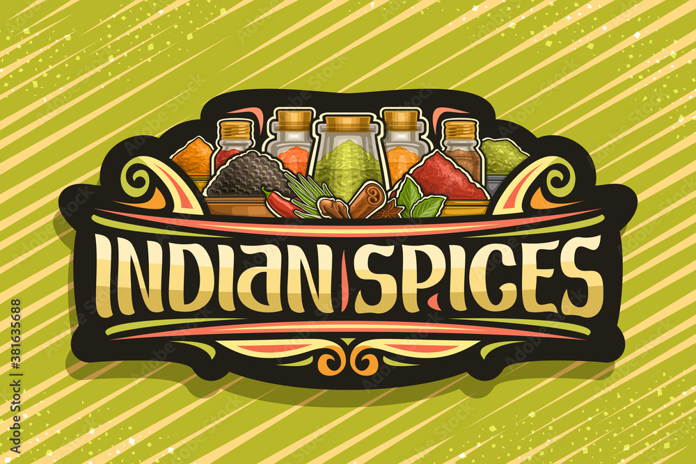 Vector logo for Indian Spices, dark sign board with illustration of set ...