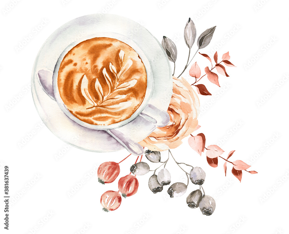 Watercolor coffe cup with florals bouquets. Peach roses, boho flowers ...