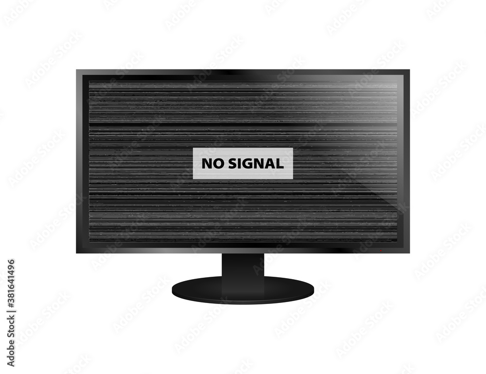 Modern led monitor with noise on screen and inscription no signal. No ...