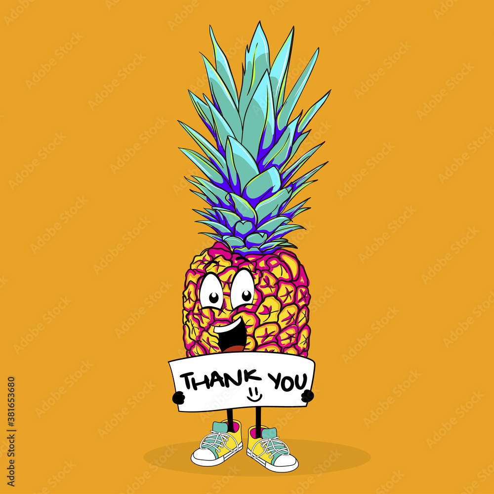 Pineapple Character design holding card with text thank you. Hand drawn ...