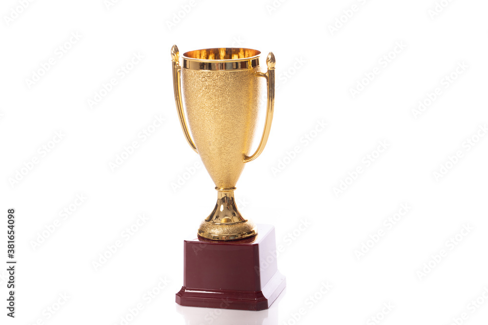 Gold winner cup trophy award with wooden base isolated on white ...
