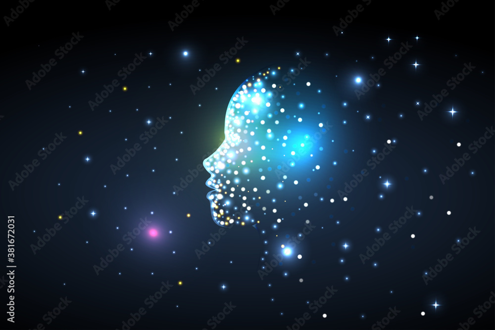 Faces of glowing blue particles, consciousness, technology, soul ...