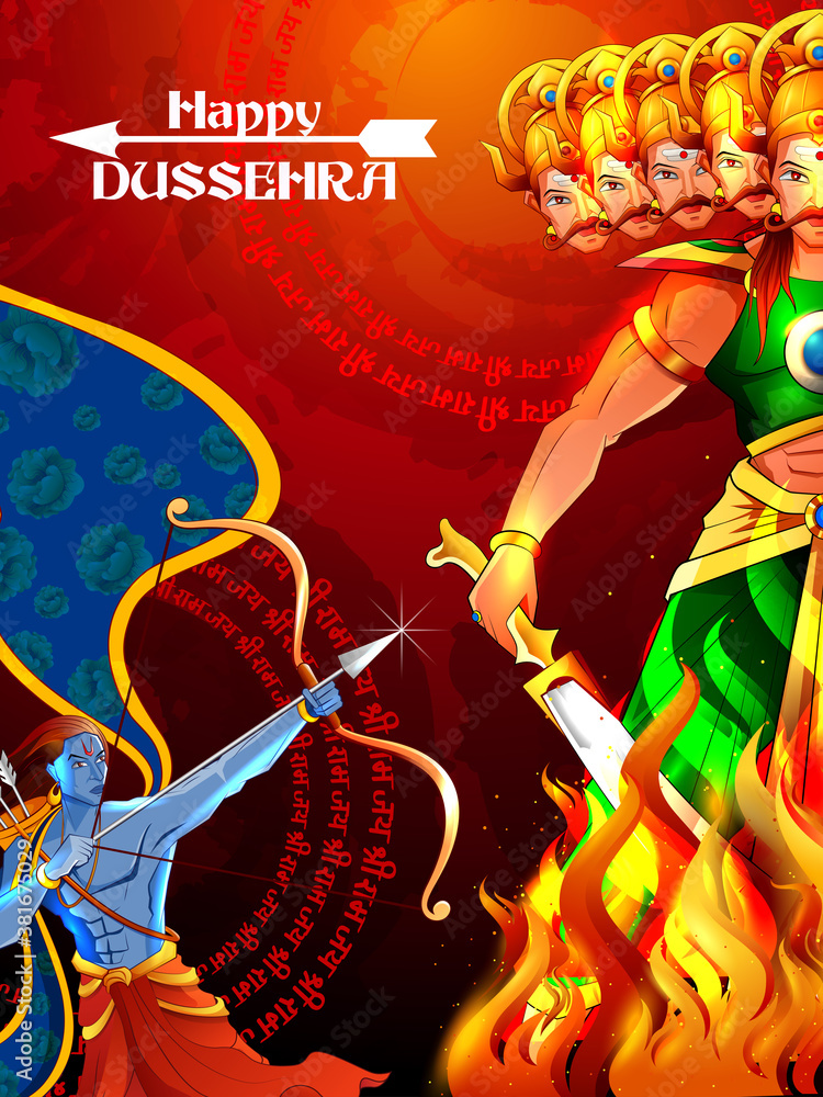 vector illustration of Lord Rama killing Ravana in Happy Dussehra ...