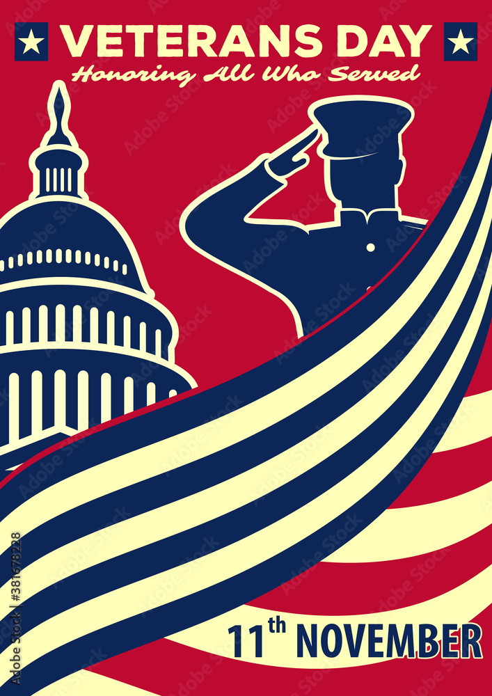 Veteran's day poster template. Shield with US Army soldier saluting ...