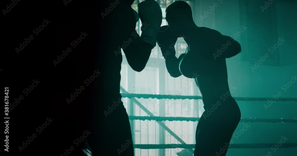 Cinematic slow motion shot of two professional young muscular shirtless ...