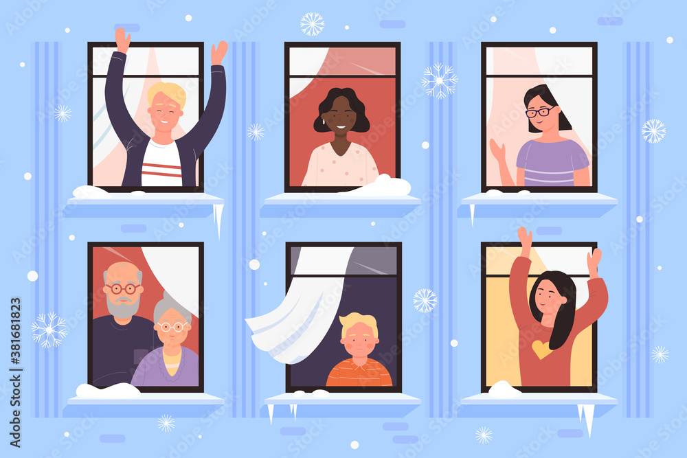 Christmas house windows with people vector illustration. Cartoon flat ...