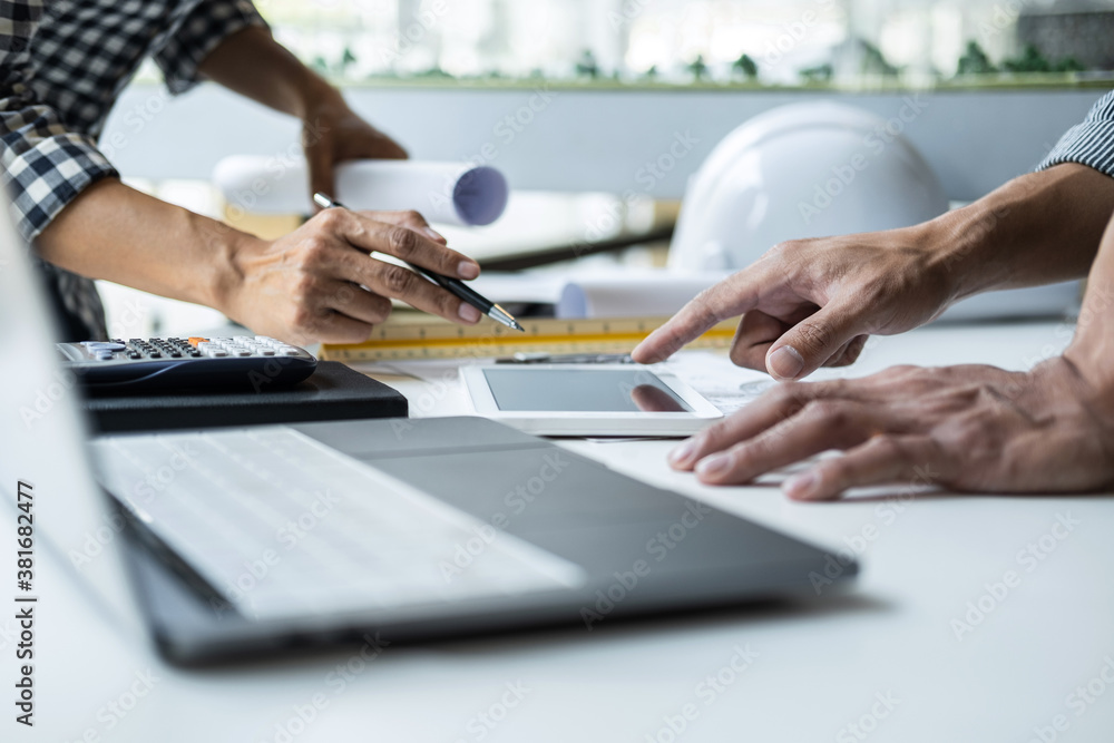 Architecture Engineer Teamwork Meeting, Drawing and working for ...