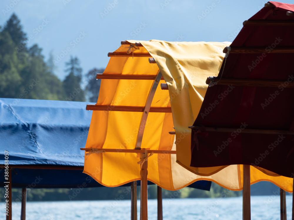 Beautiful wooden boat on famous Bled Lake in Slovenia. Bled Lake, known ...