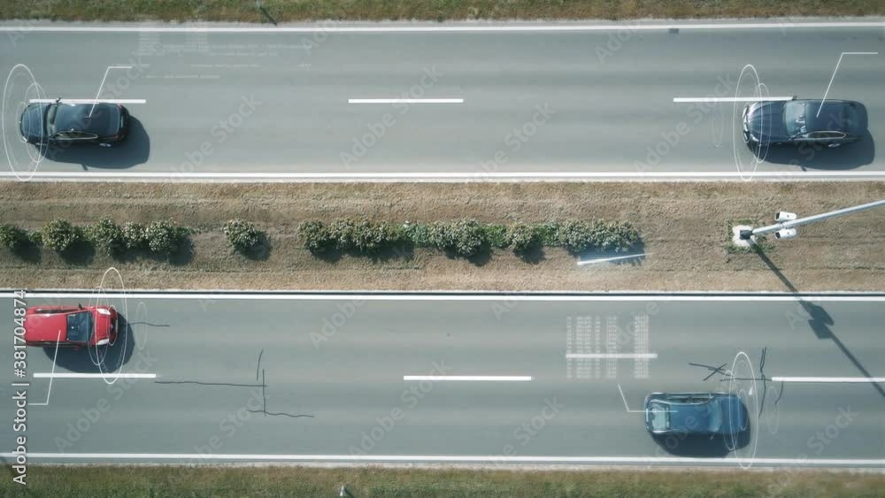 Road safety camera observes and scans passing cars. Digital traffic jam ...