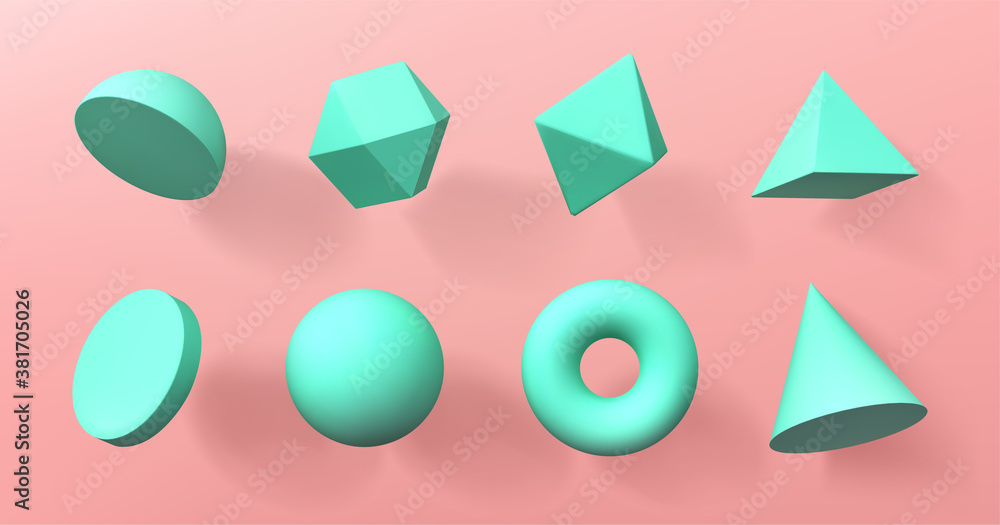 Geometric 3d shapes hemisphere, octahedron, sphere and torus, cone ...