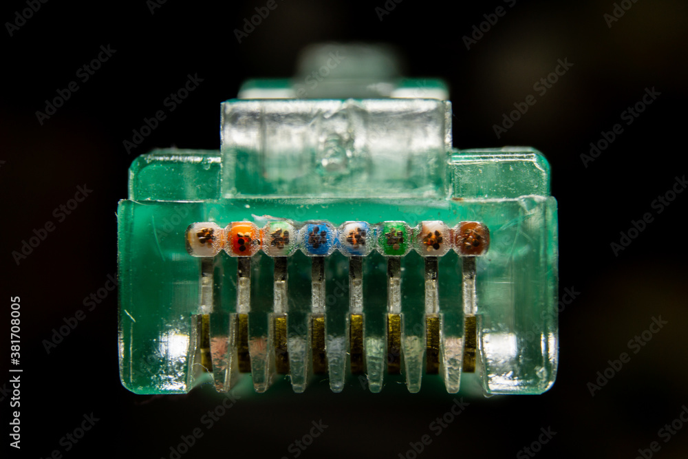 Macro cross section front angle view of RJ45 CAT6 shielded network data ...