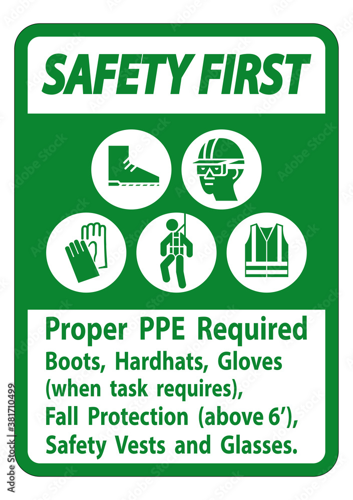 Safety First Sign Proper PPE Required Boots, Hardhats, Gloves When Task ...