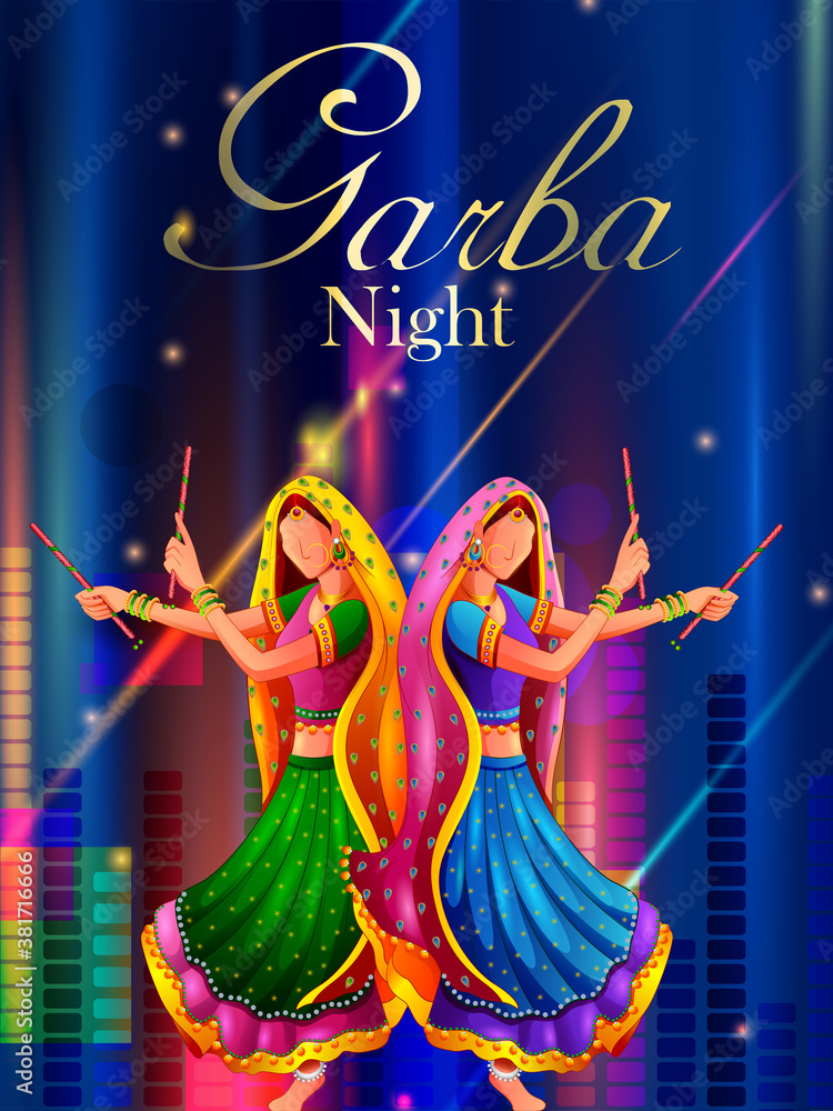 vector illustration of people performing Garba dance on poster banner ...