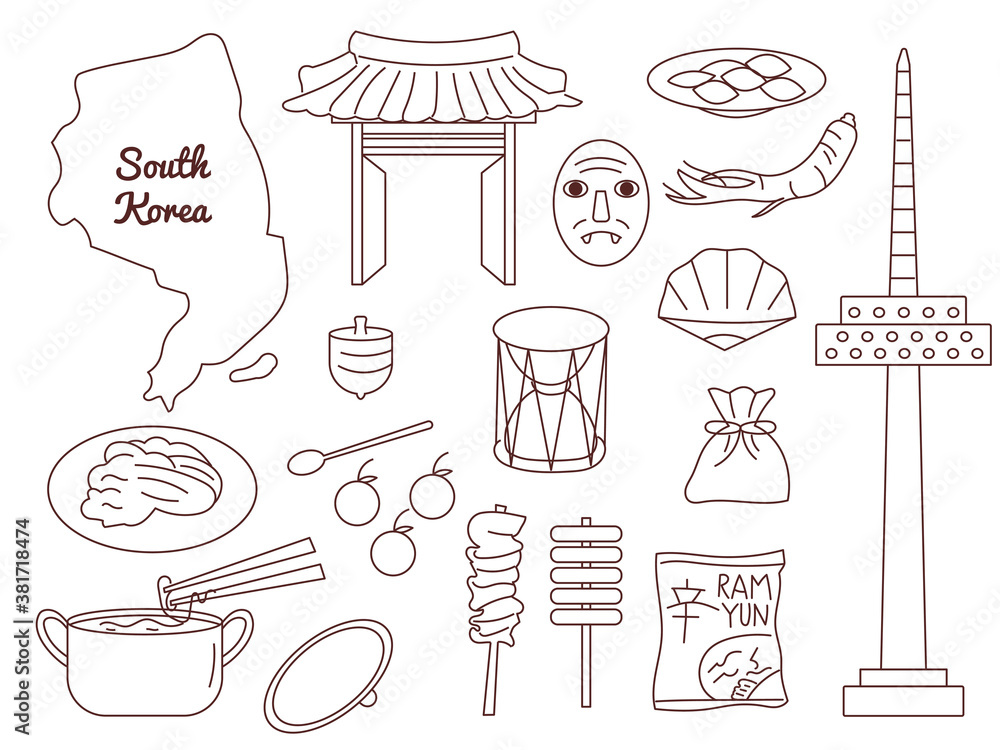 Set of doodles korea element design. Traditional culture, food ...