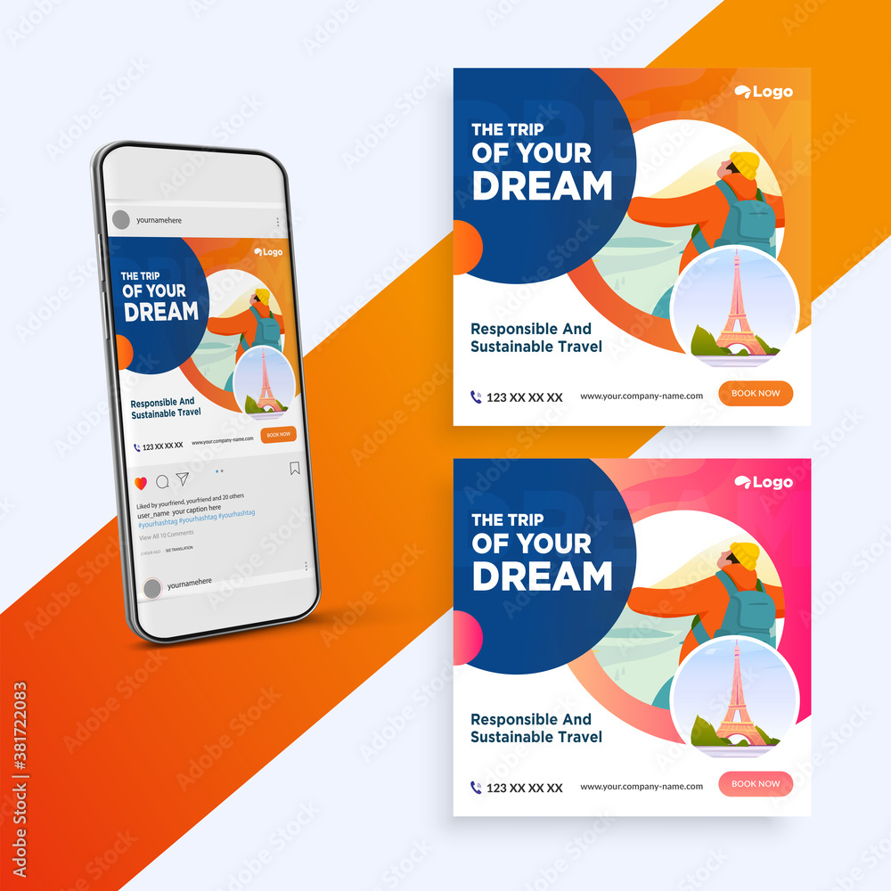 Travel post template.tourism promotion square web banner. Mail ...