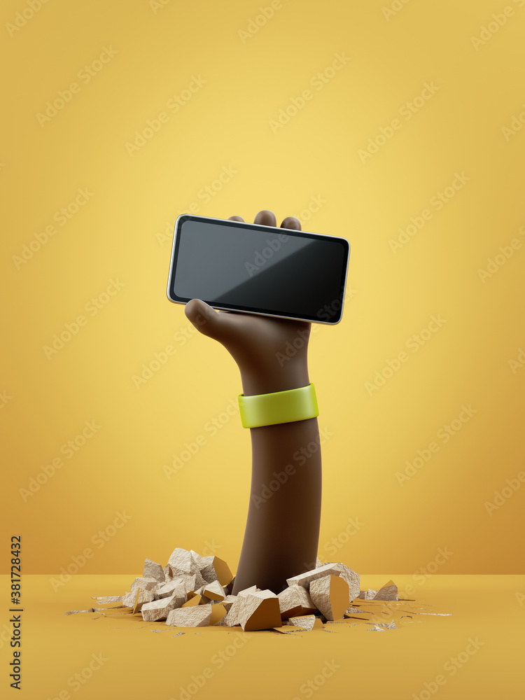 3d render, african cartoon character hand holds black smart phone ...