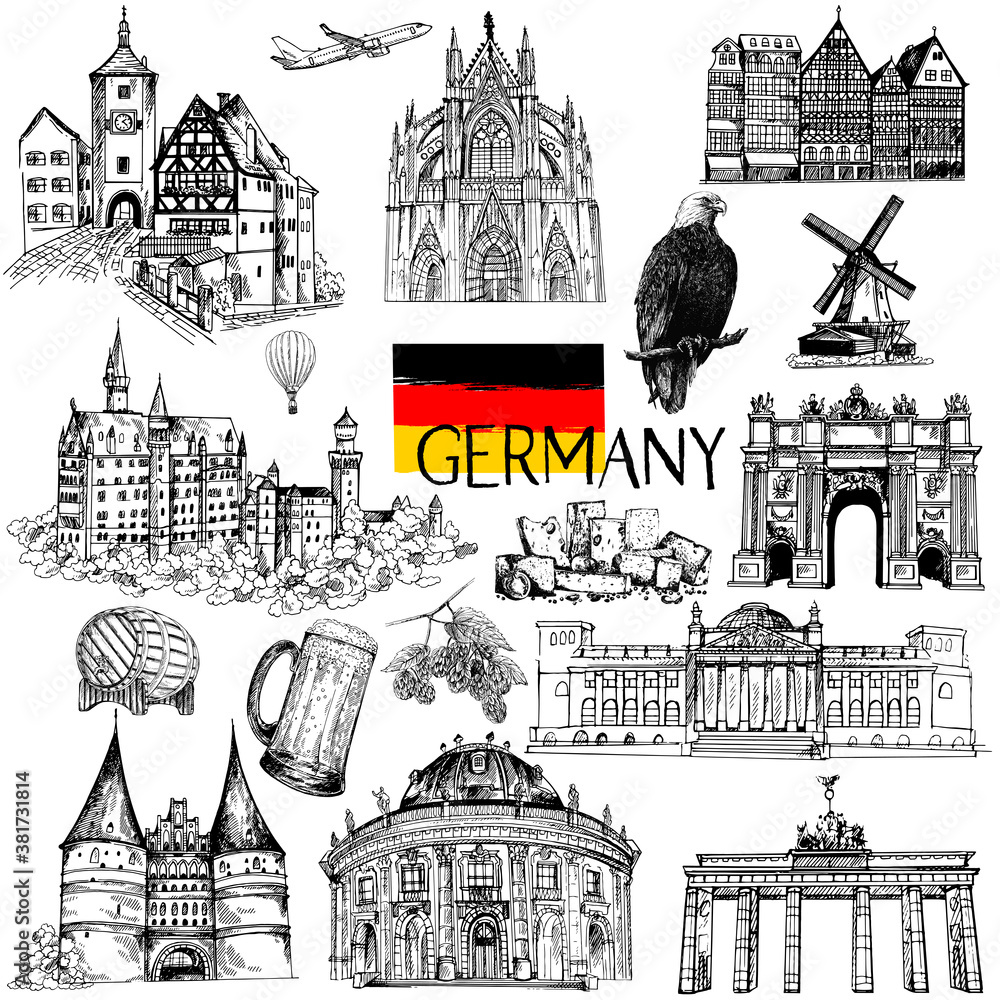 Set of hand drawn sketch style Germany related landmarks and different ...