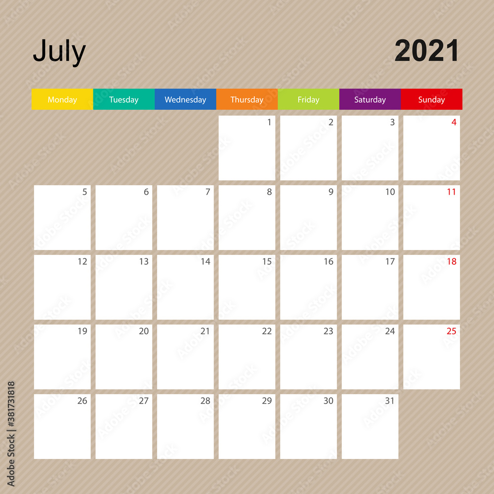 Сalendar page for July 2021, wall planner with colorful design. Week ...