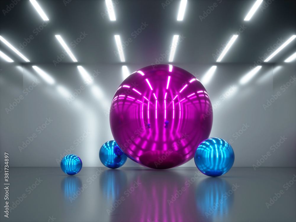 3d render, abstract background, glossy metallic spheres with light ...