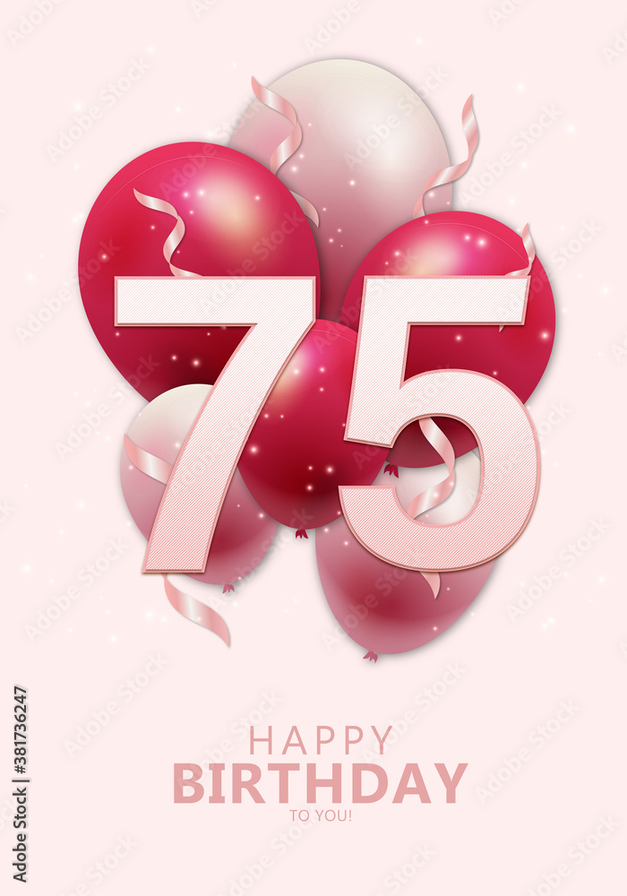 Happy 75th birthday with realistic red and rosegold balloons on light ...