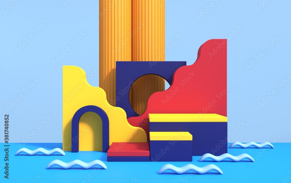 Abstract 3d scene with geometric shapes of different colors, with a ...