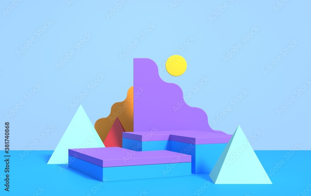 Abstract 3d scene with geometric shapes of different colors, with a ...