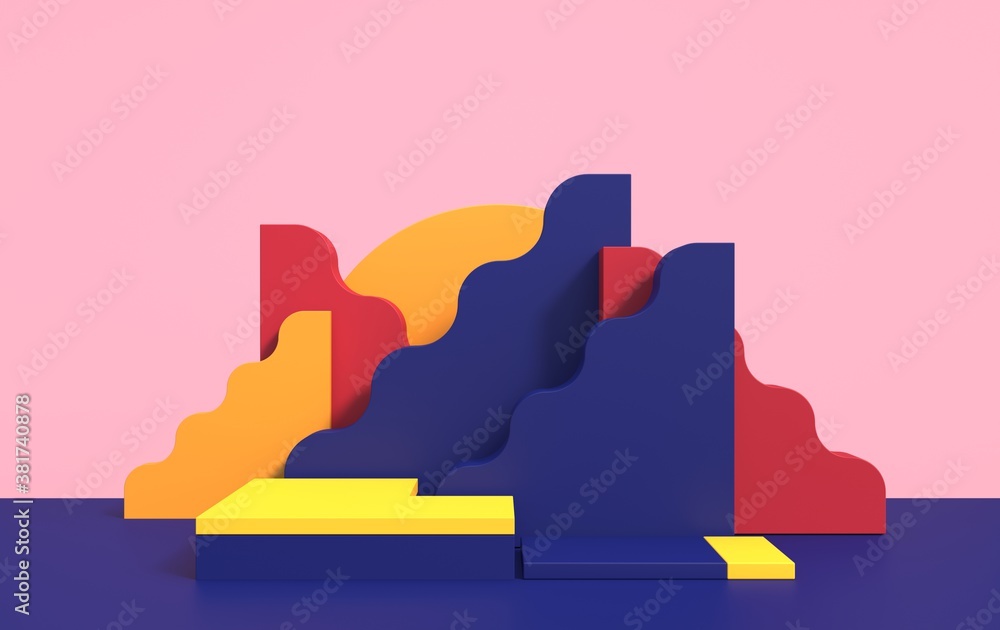 Abstract 3d scene with geometric shapes of different colors, with a ...