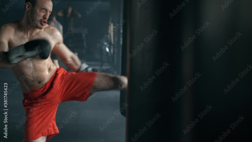 Aggressive professional fighter is training with a punching bag ...