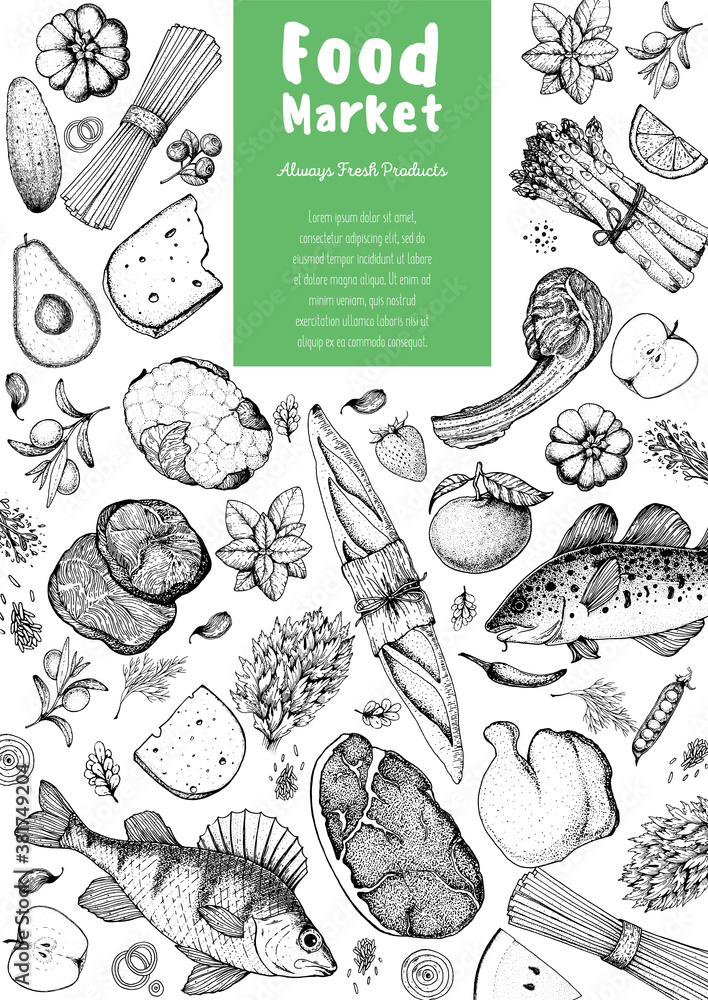 Food sketch. Vector illustration. Vegetables, fruits, meat hand drawn ...