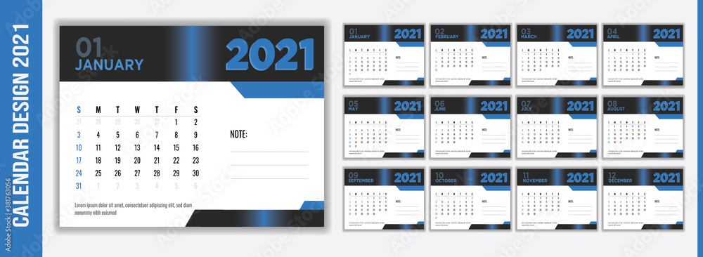 Blue Desk calendar for 2021 design, clean 2021 calendar design ...