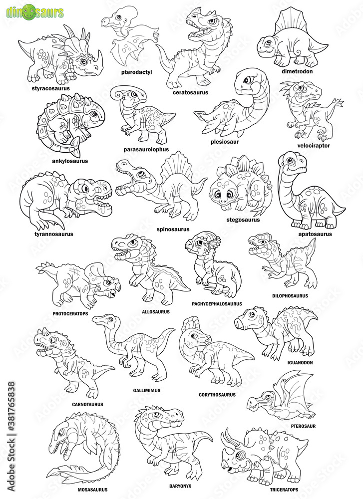 Plakat rysunkowe słodkie prehistoryczne dinozaury, kolorowanka, mega ...