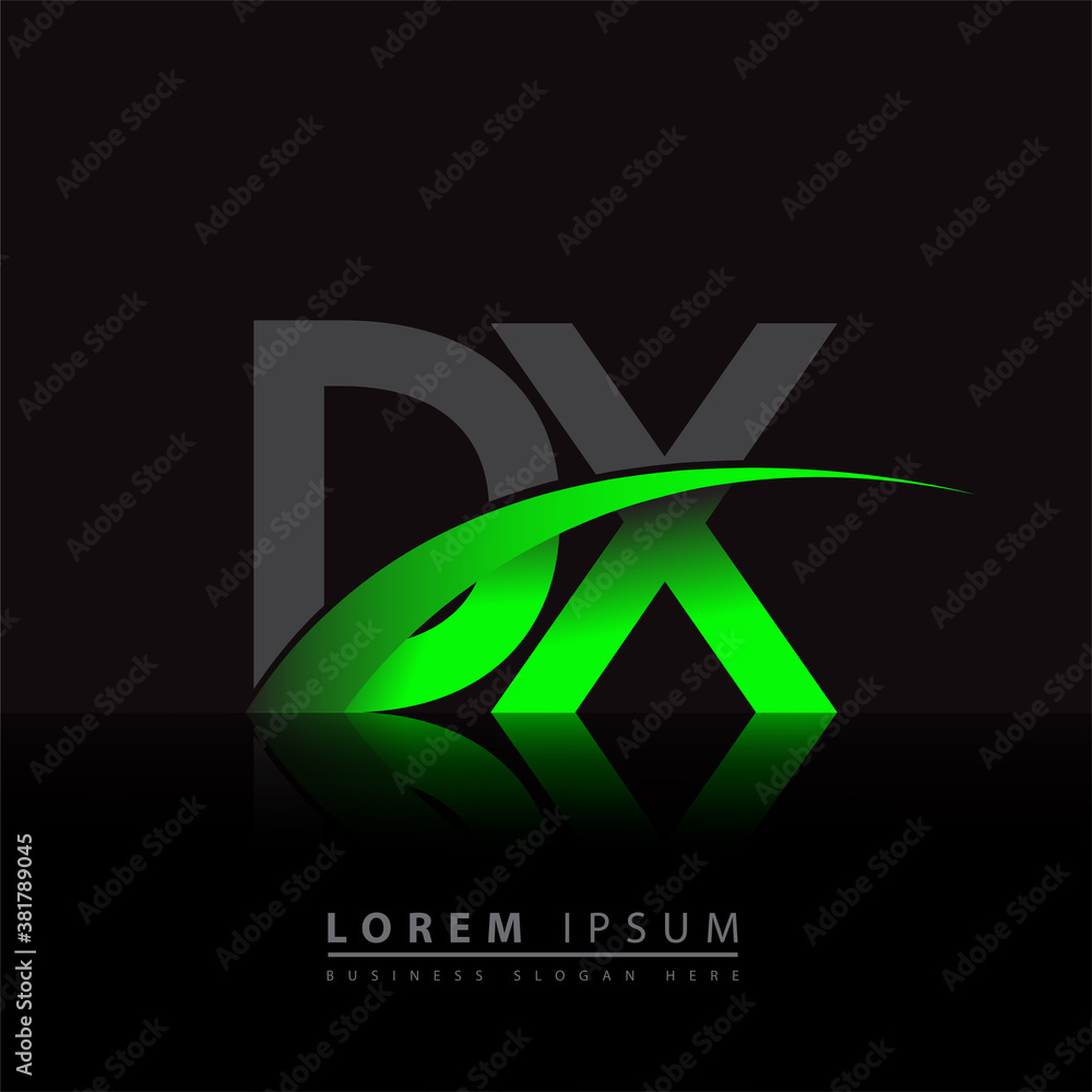 initial letter DX logotype company name colored green and black swoosh ...