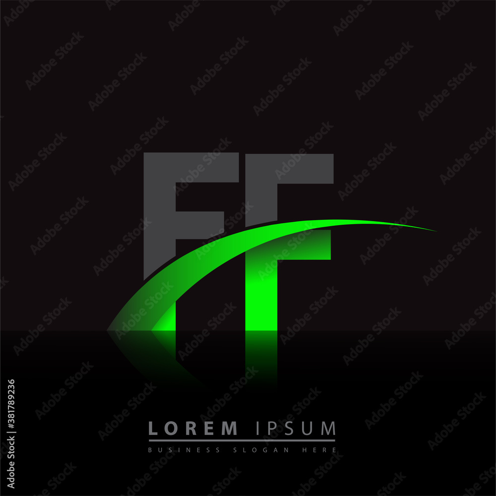 initial letter FF logotype company name colored green and black swoosh ...