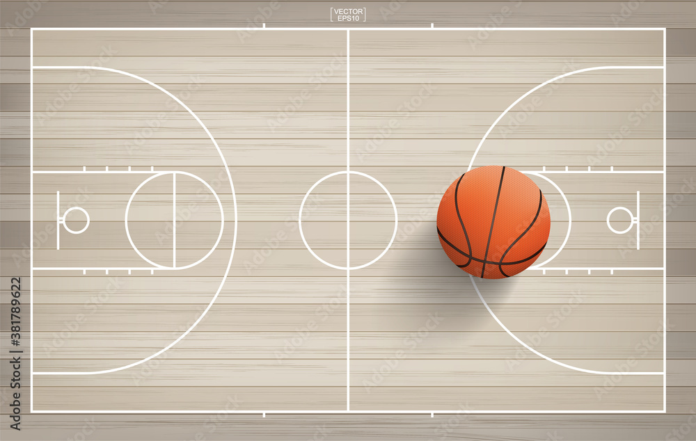 Basketball ball in basketball court area. With wooden pattern ...