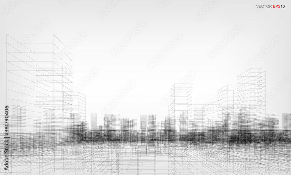 Wireframe city background. Perspective 3D render of building wireframe ...