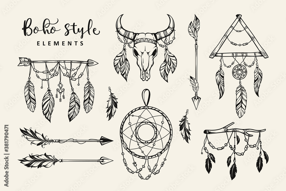 hand drawn boho style element collection Stock Vector | Adobe Stock