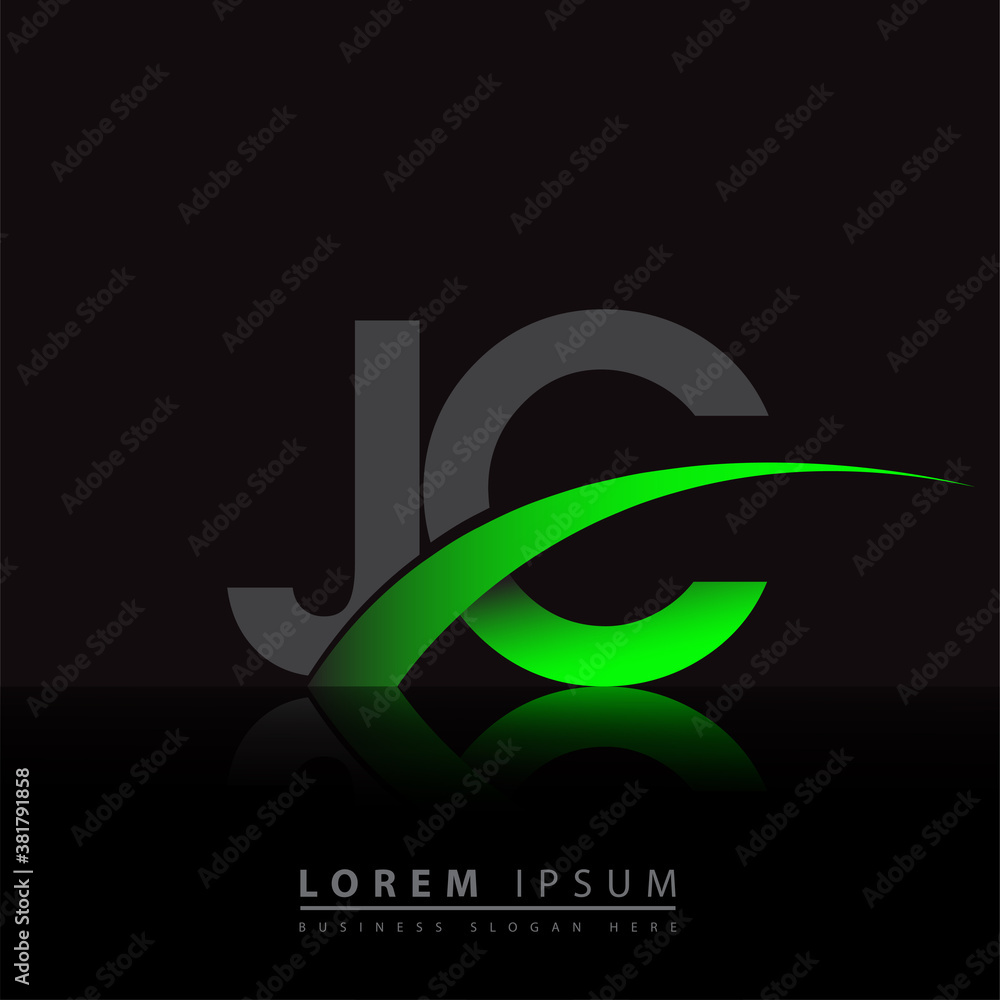 initial letter JC logotype company name colored green and black swoosh ...