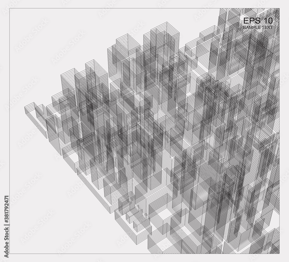 Abstract matrix wireframe space of building. 3D Perspective wireframe ...