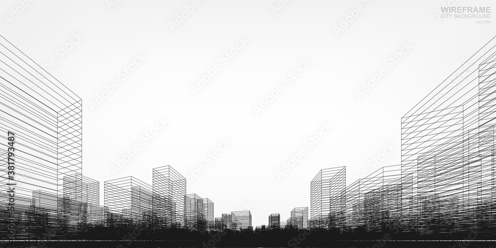 Wireframe city background. Perspective 3D render of building wireframe ...