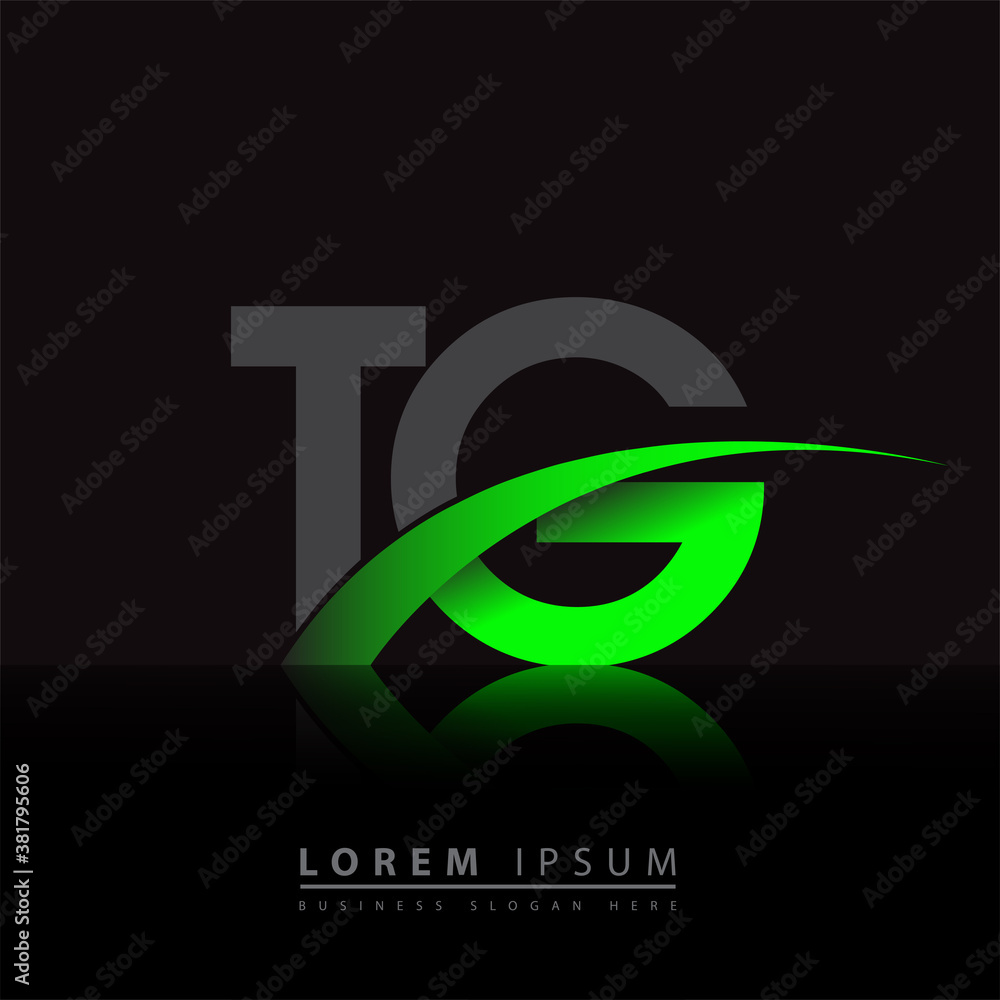 initial letter TG logotype company name colored green and black swoosh ...